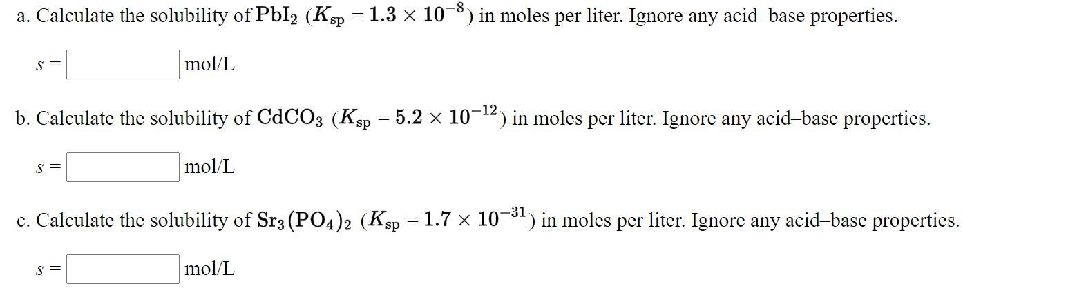 Solved a. Calculate the solubility of PbI2 (Ksp = 1.3 x | Chegg.com