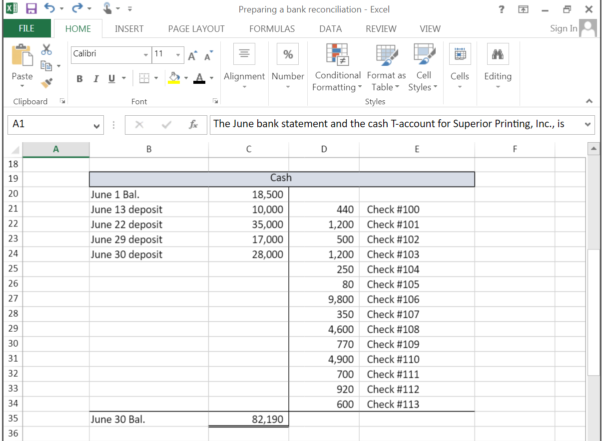 Solved Preparing a bank reconciliation - Excel ? X FILE HOME | Chegg.com