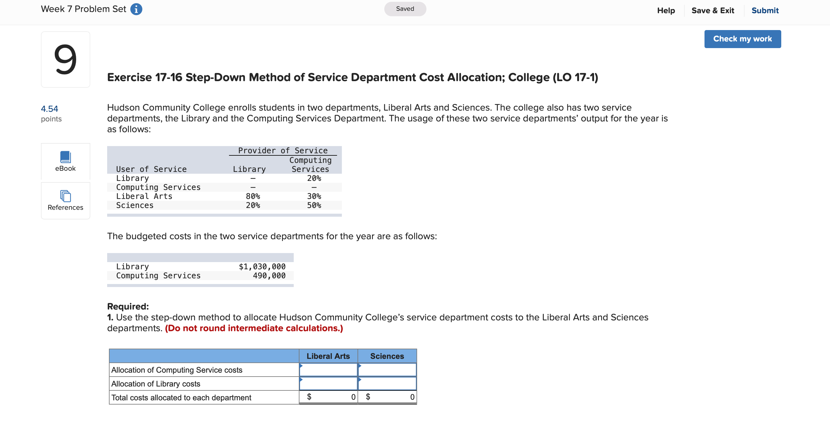 Solved Exercise 17-16 Step-Down Method of Service Department | Chegg.com
