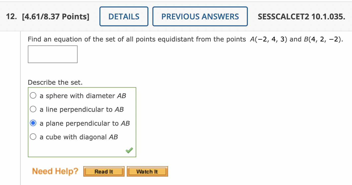 Solved Find an equation of the set of all points equidistant | Chegg.com