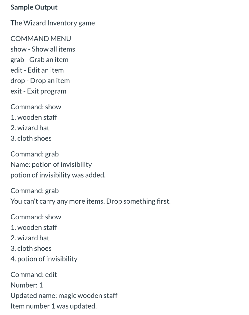 Solved Sample Output The Wizard Inventory game COMMAND MENU | Chegg.com