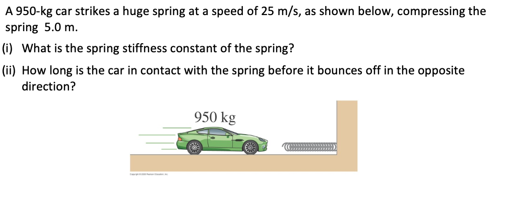 Solved A 950-kg car strikes a huge spring at a speed of 25 | Chegg.com