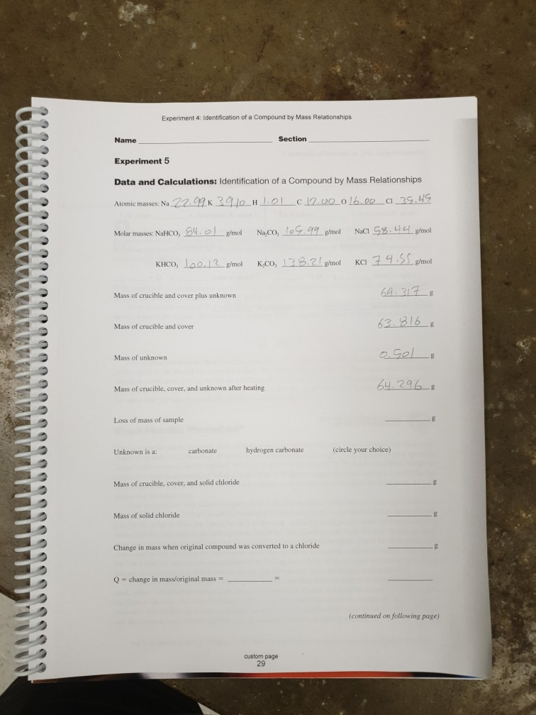 Solved Experiment 4: Identification of a Compound by Mass | Chegg.com