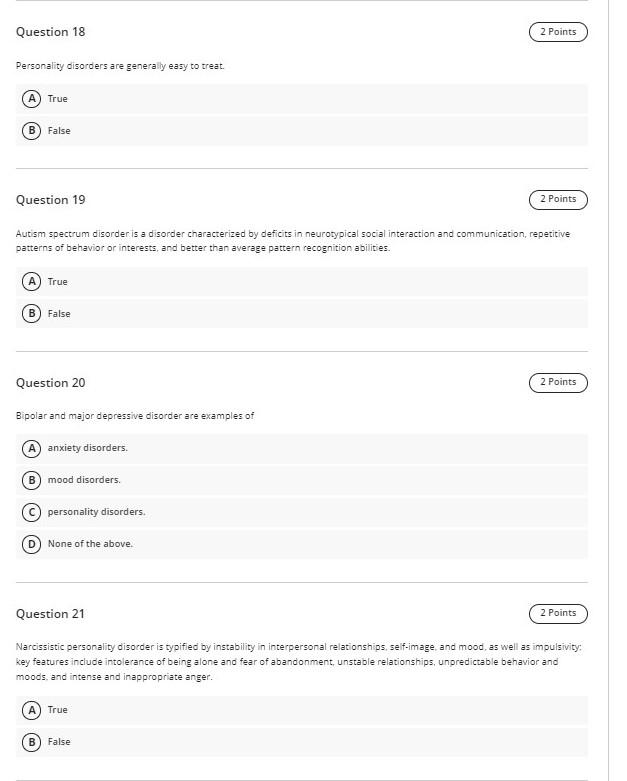 Solved Question 18 2 Points Personality disorders are | Chegg.com