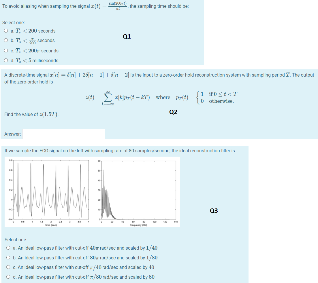 Solved To avoid aliasing when sampling the signal 2(t) | Chegg.com