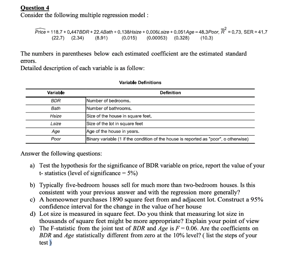 Question 4 Consider the following multiple regression | Chegg.com