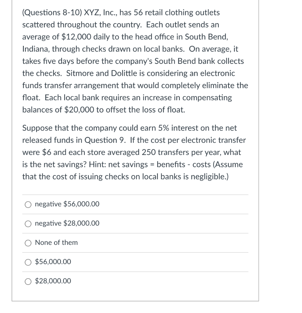 (Questions 8-10) XYZ, Inc., has 56 retail clothing | Chegg.com