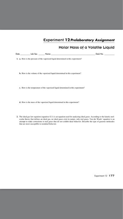 Solved Experiment 12 Prelaboratory Assignment Molar Mass of | Chegg.com