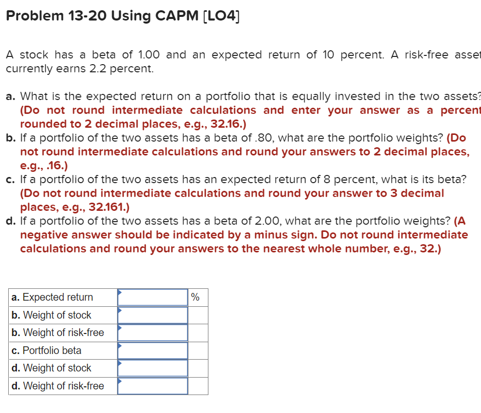 Solved A stock has a beta of 1.00 and an expected return of | Chegg.com