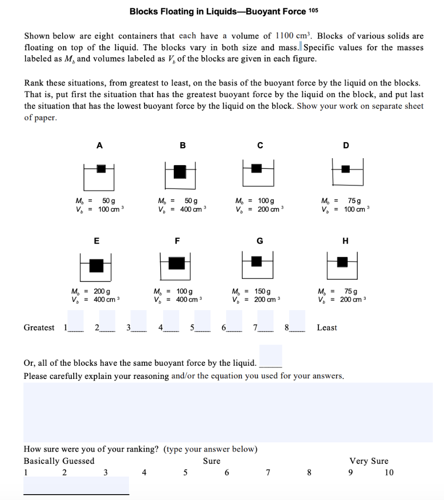Solved Blocks Floating in Liquids-Buoyant Force 105 Shown | Chegg.com