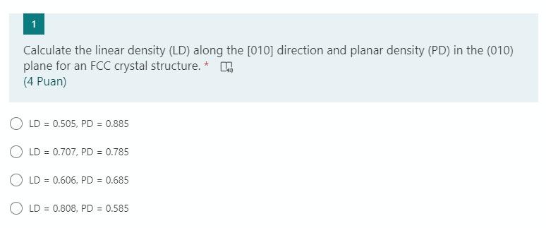 Solved Calculate the linear density (LD) along the [010] | Chegg.com