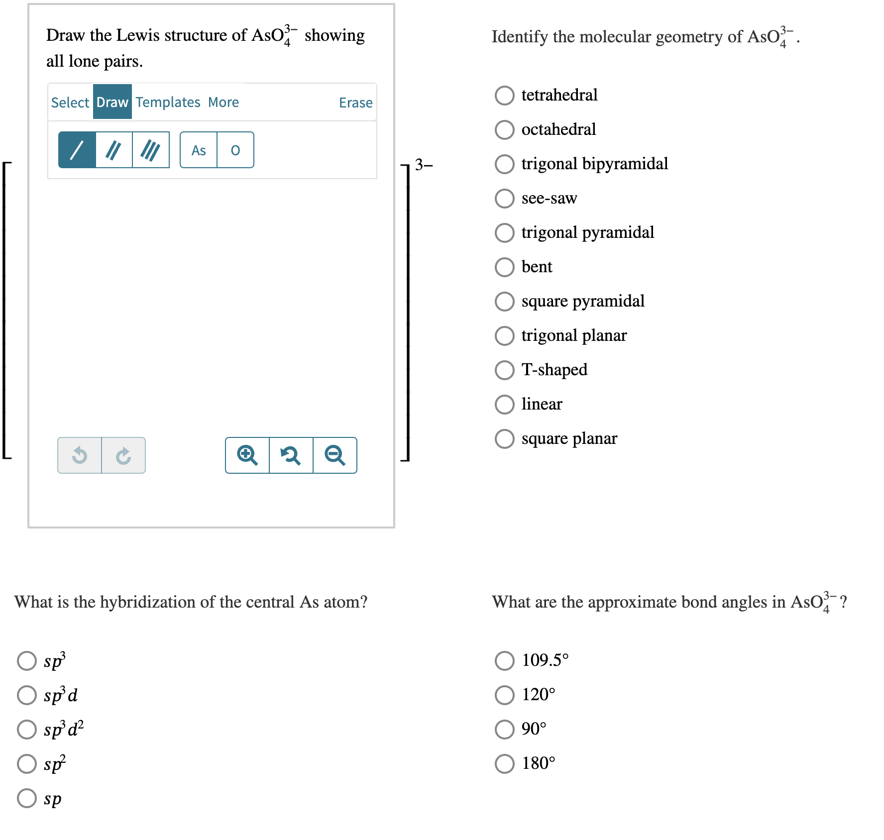 Solved Draw the Lewis structure of AsO_(4)^(3-) showing all | Chegg.com