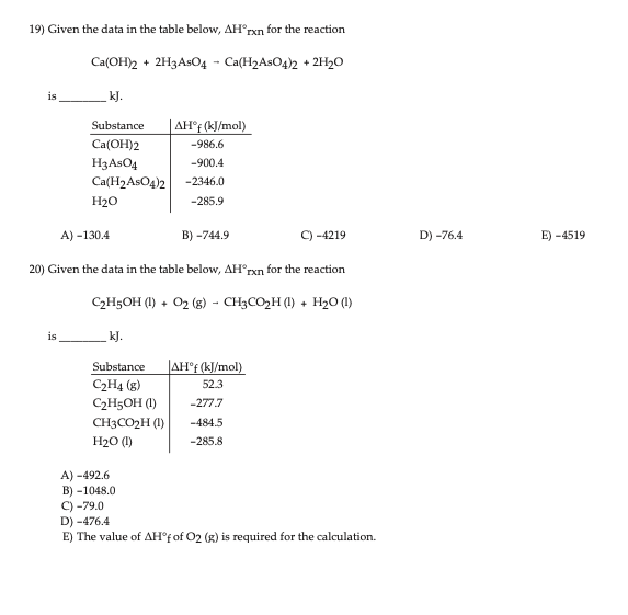 Solved 19) Given the data in the table below, AH®rxn for the | Chegg.com