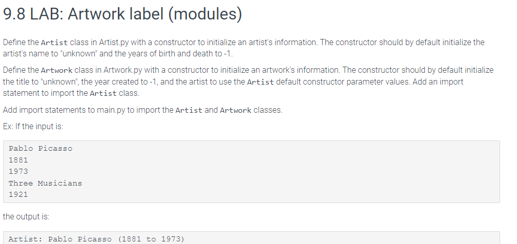 Solved 9.8 ﻿LAB: Artwork label (modules)Define the Artist | Chegg.com