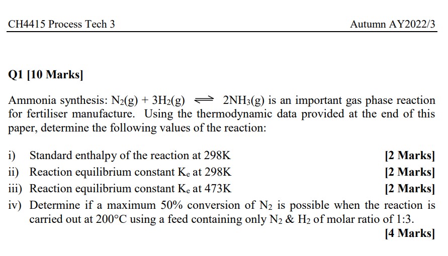 Ammonia synthesis: N2( g)+3H2( g)⇌2NH3( g) is an | Chegg.com