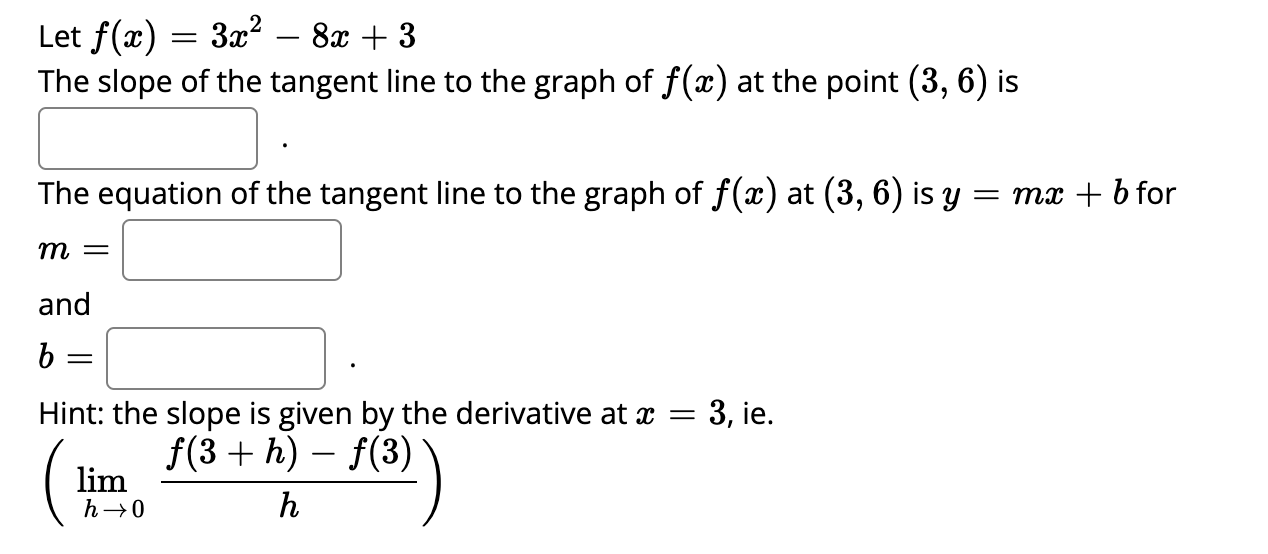 Solved Let f(x)=3x2−8x+3 The slope of the tangent line to | Chegg.com