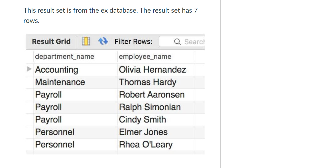 This result set is from the ex database. The result | Chegg.com