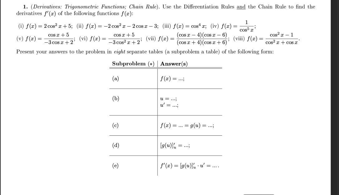 Solved 1. (Derivatives: Trigonometric Functions; Chain | Chegg.com
