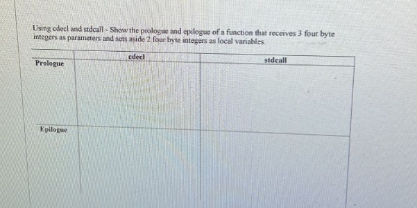 Solved Using cdecl and stdcall - Show the prologue and | Chegg.com