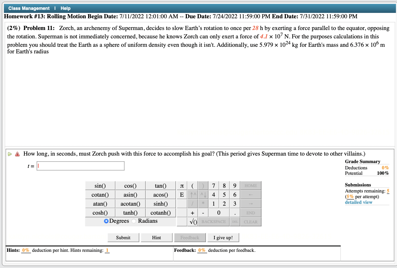 Solved (2\%) Problem 11: Zorch, an archenemy of Superman, | Chegg.com