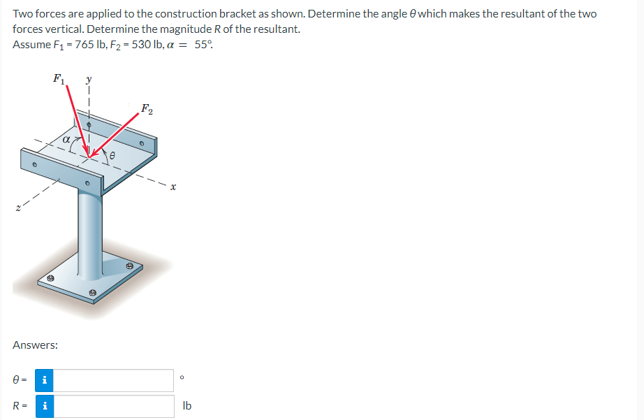 [Solved]: Two forces are applied to the construction brack
