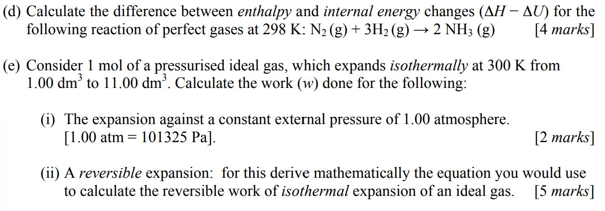 Solved (d) Calculate the difference between enthalpy and | Chegg.com