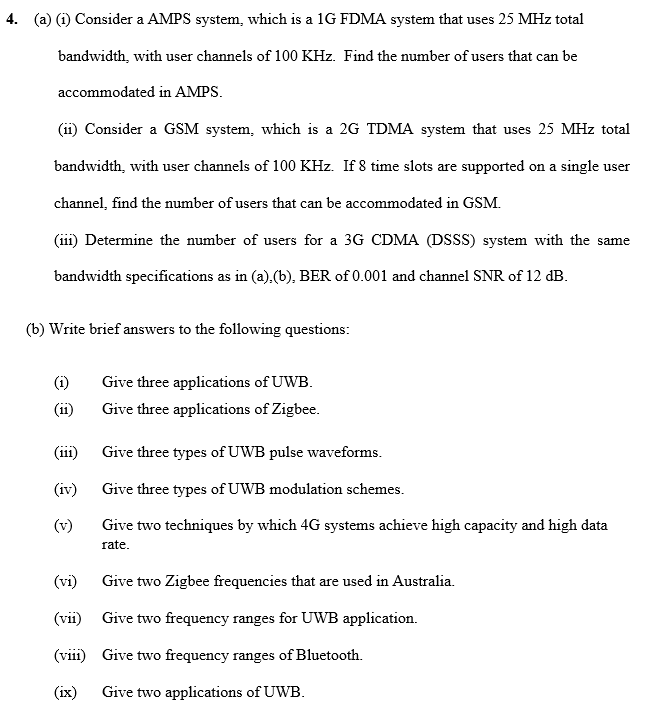 4. (a) (1) Consider a AMPS system, which is a 1G FDMA | Chegg.com