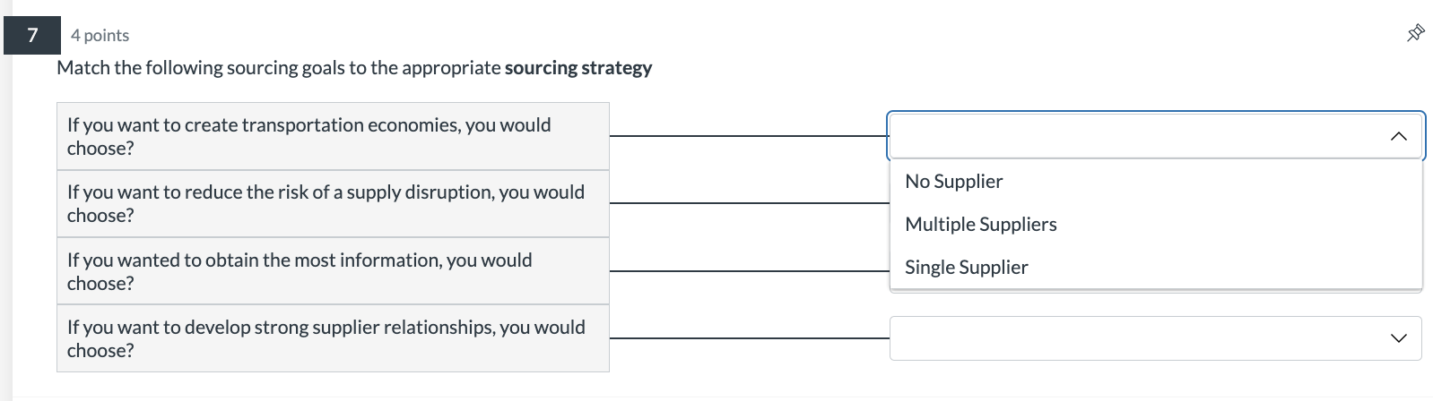 Solved 4 points Match the following sourcing goals to the | Chegg.com