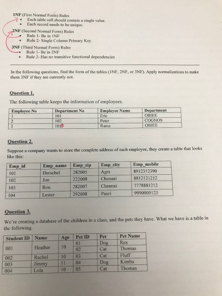 Solved INF(First Normal Form) Rules Each table cell should | Chegg.com