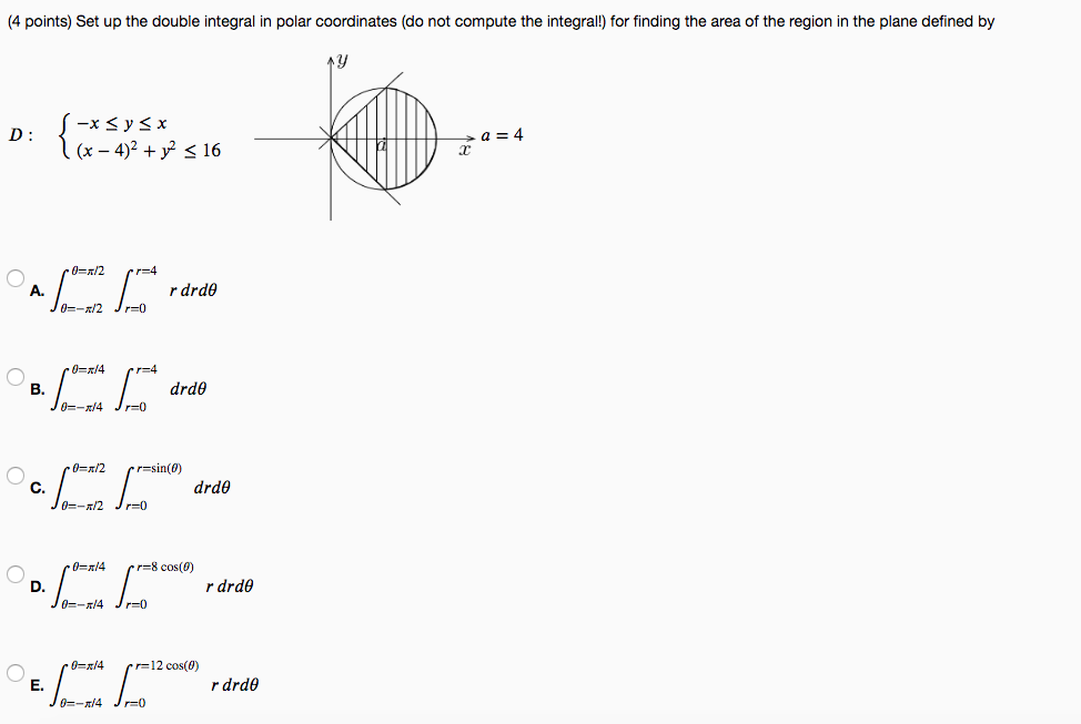 Solved (4 points) Set up the double integral in polar | Chegg.com
