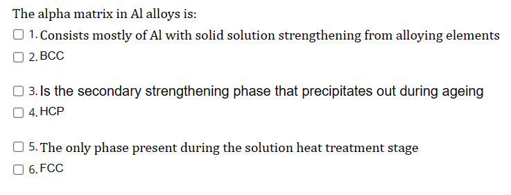 Solved The alpha matrix in Al alloys is: 1. Consists mostly | Chegg.com