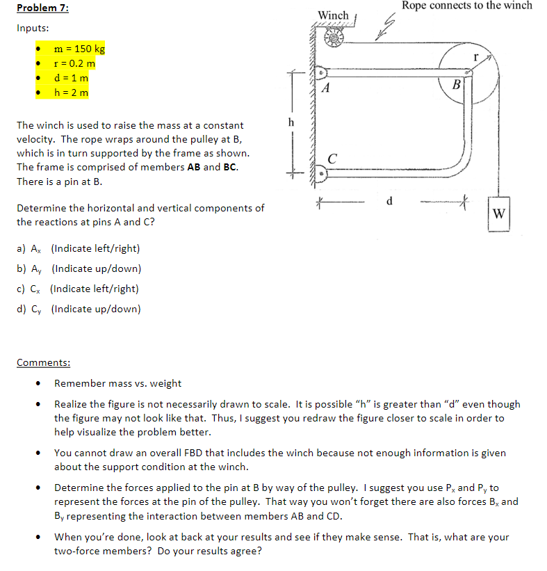 Solved Rope connects to the winch Winch Problem 7: Inputs: m | Chegg.com