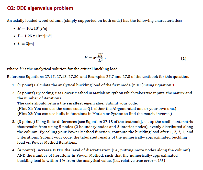 Solved Q2: ODE eigenvalue problemAn axially loaded wood | Chegg.com