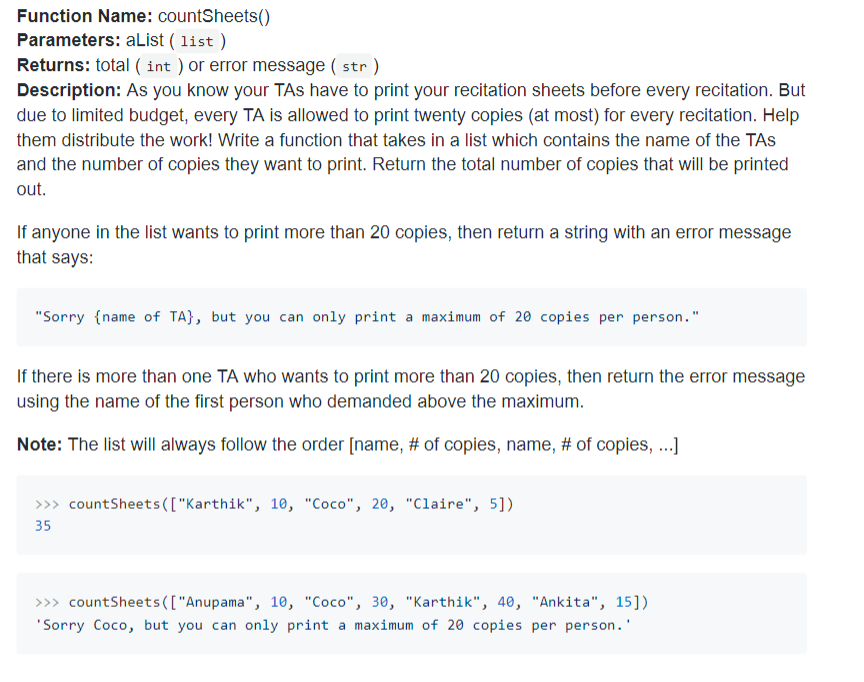 Solved Function Name: countSheets() Parameters: aList (list) | Chegg.com