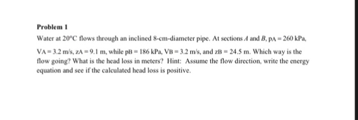 Solved Problem Water at 20°C flows through an inclined | Chegg.com