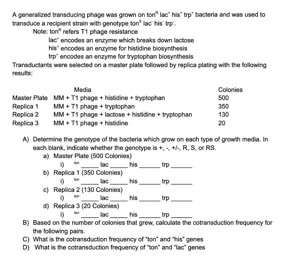 Solved A generalized transducing phage was grown on ton lac | Chegg.com