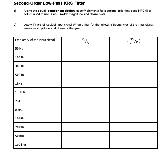 Solved Second-Order Low-Pass KRC Filter a) Using the | Chegg.com