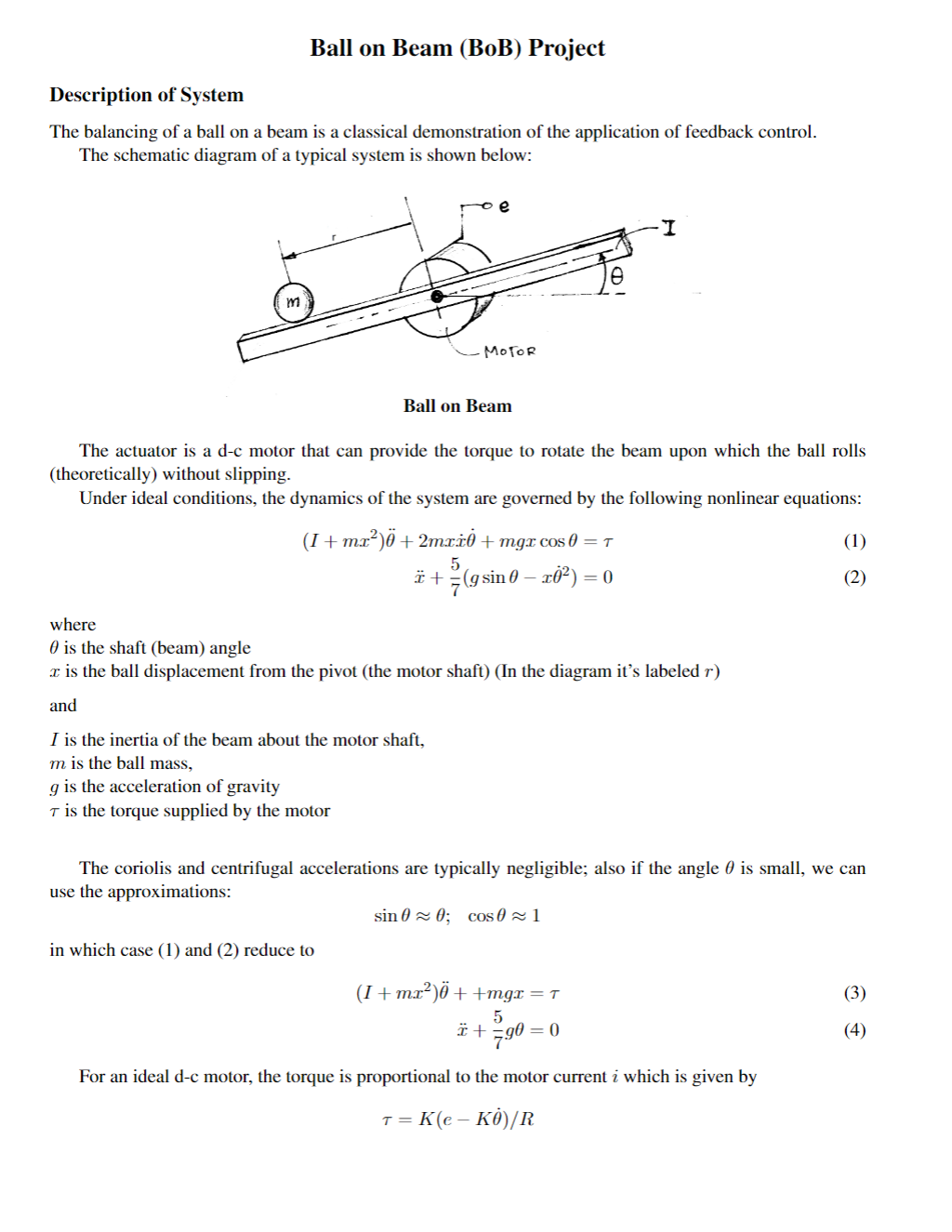 Solved Ball on Beam (BoB) Project Description of System The | Chegg.com
