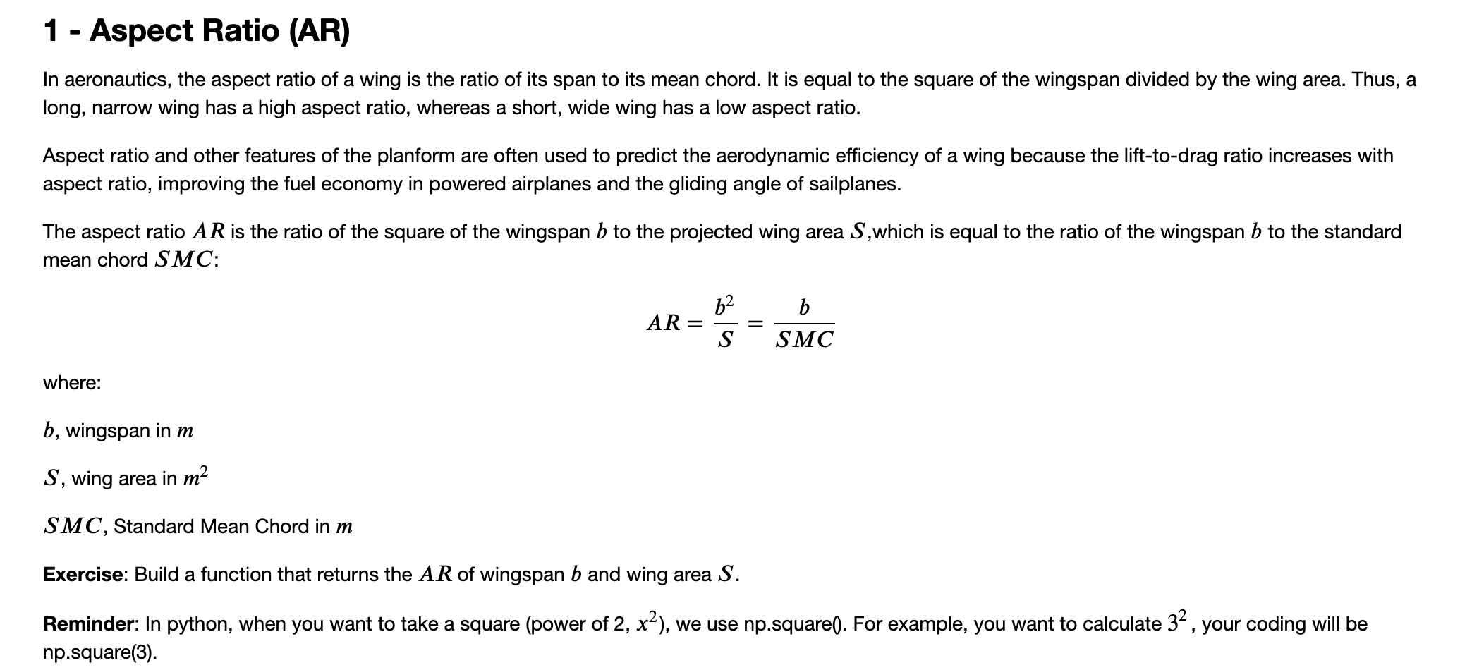 Solved 1 - Aspect Ratio (AR) In aeronautics, the aspect | Chegg.com