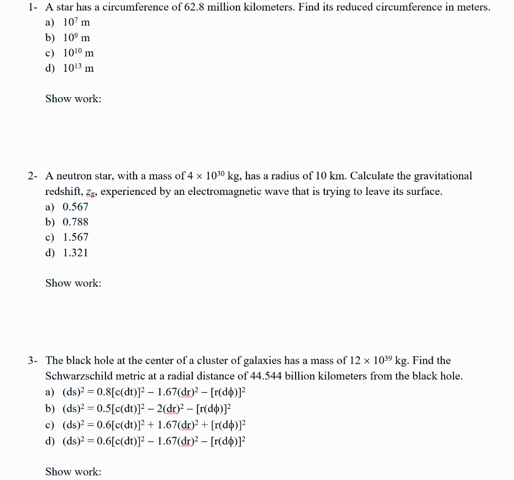 Solved 1- A star has a circumference of 62.8 million | Chegg.com
