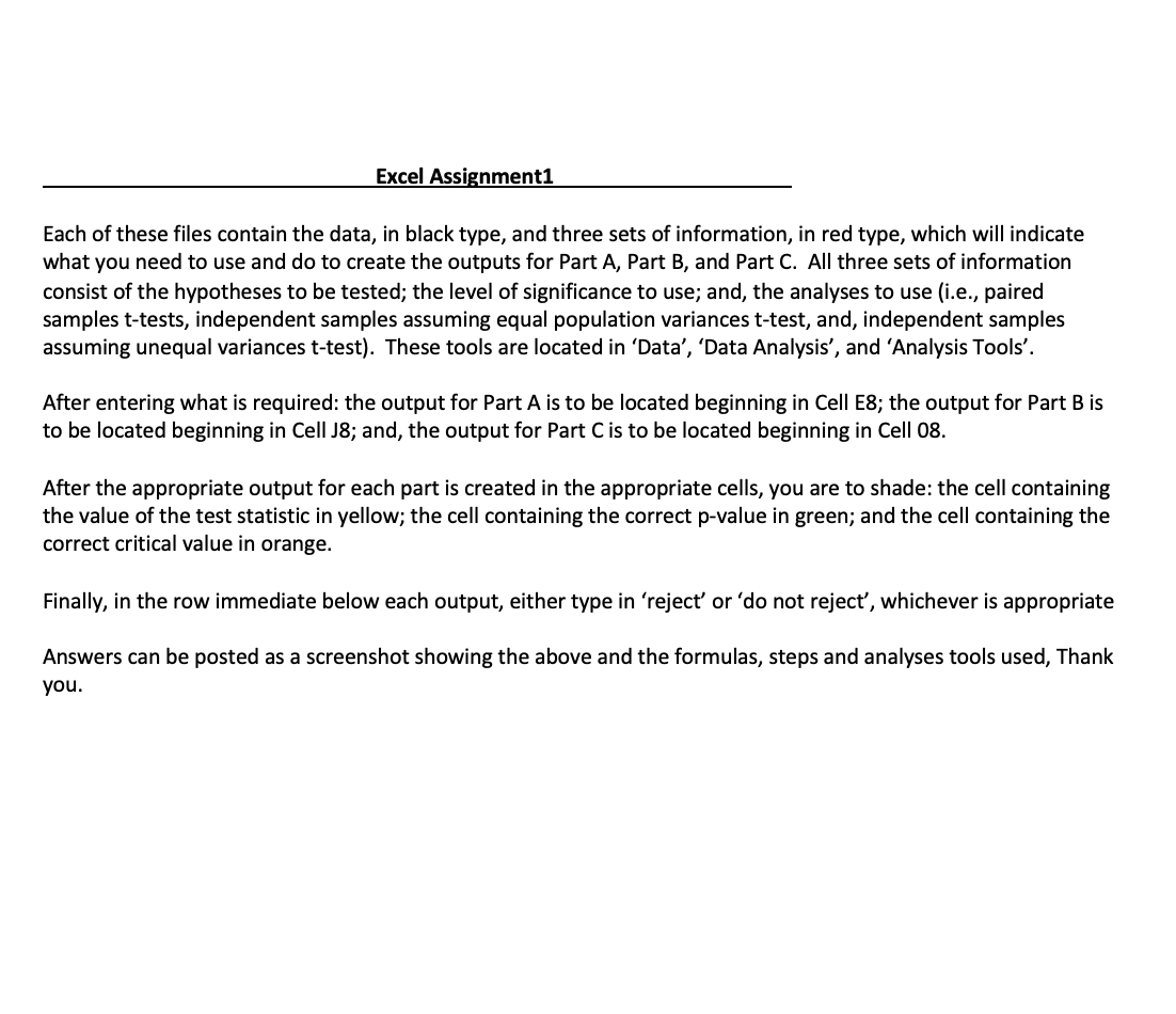Solved Excel Assignment1 Each of these files contain the | Chegg.com