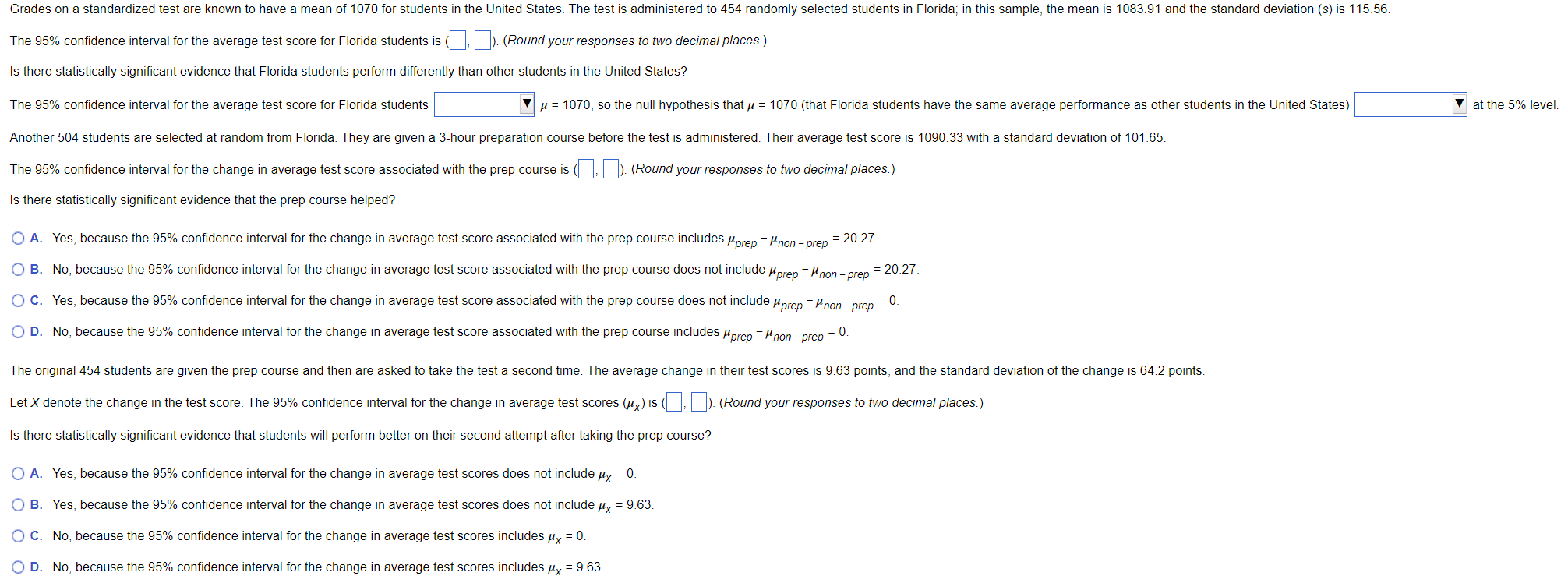 Solved The 95% confidence interval for the average test | Chegg.com
