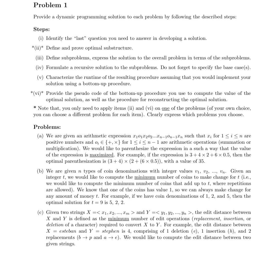 Problem 1 Provide a dynamic programming solution to | Chegg.com