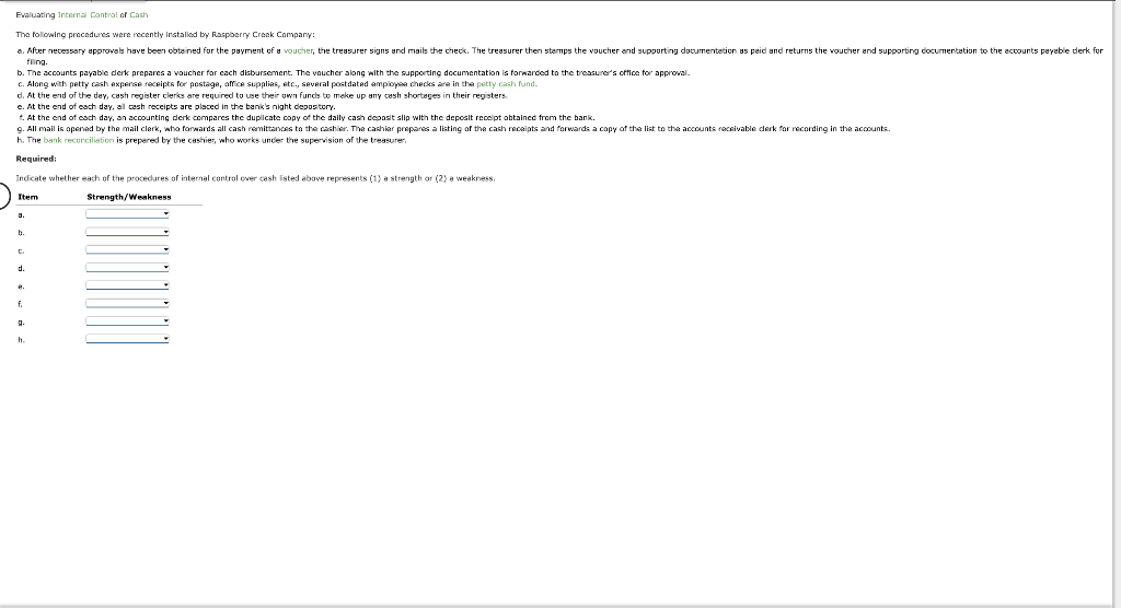 Solved Evaluating Internal Control of Cash The following | Chegg.com