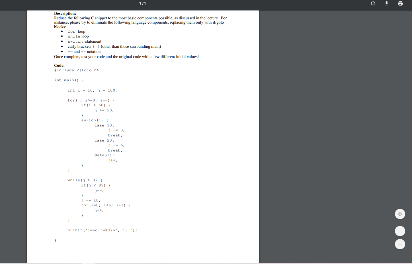 Solved 1/1 Description: Reduce the following C snippet to | Chegg.com