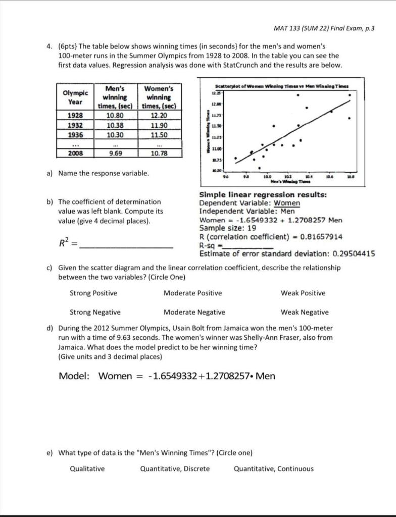 4. (6pts) The table below shows winning times (in | Chegg.com