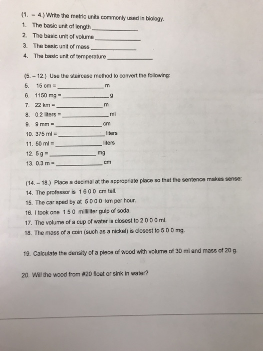 Solved 1. 4.) Write the metric units commonly used in | Chegg.com