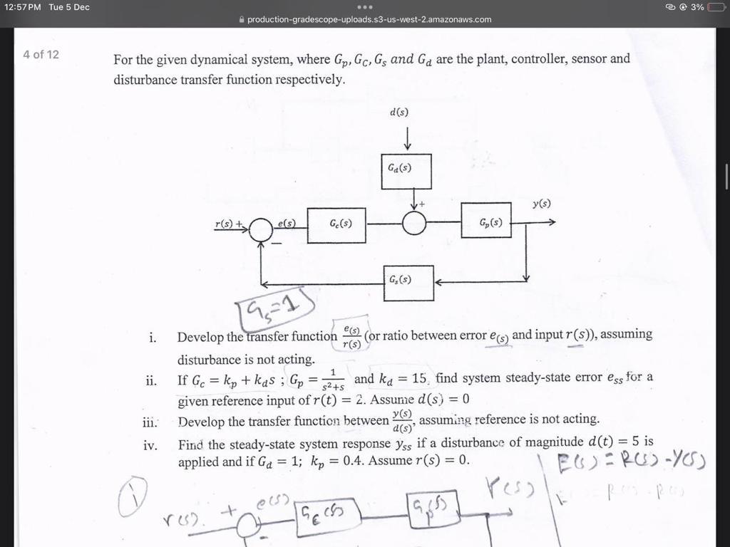 Solved For the given dynamical system, where Gp,GC,Gs and Gd | Chegg.com