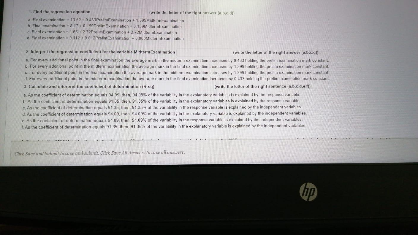 Solved 1. Find the regression equation (write the letter of | Chegg.com