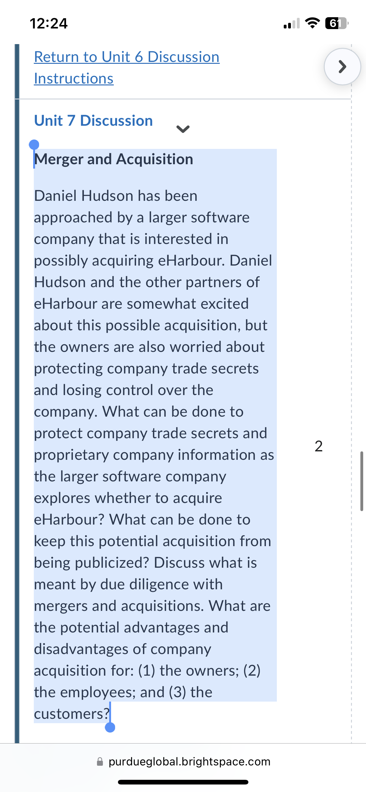 Solved Unit 7 ﻿DiscussionMerger and AcquisitionDaniel Hudson | Chegg.com